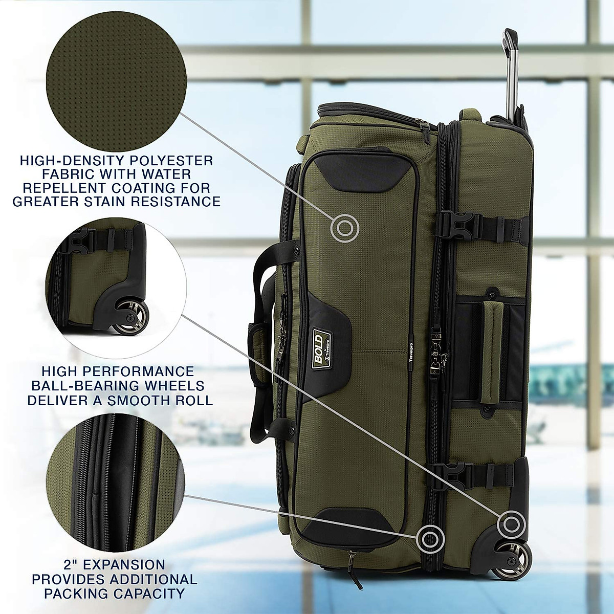 Travelpro Bold Drop Bottom Wheeled Rolling Duffel Bag, Olive/Black, 30-Inch