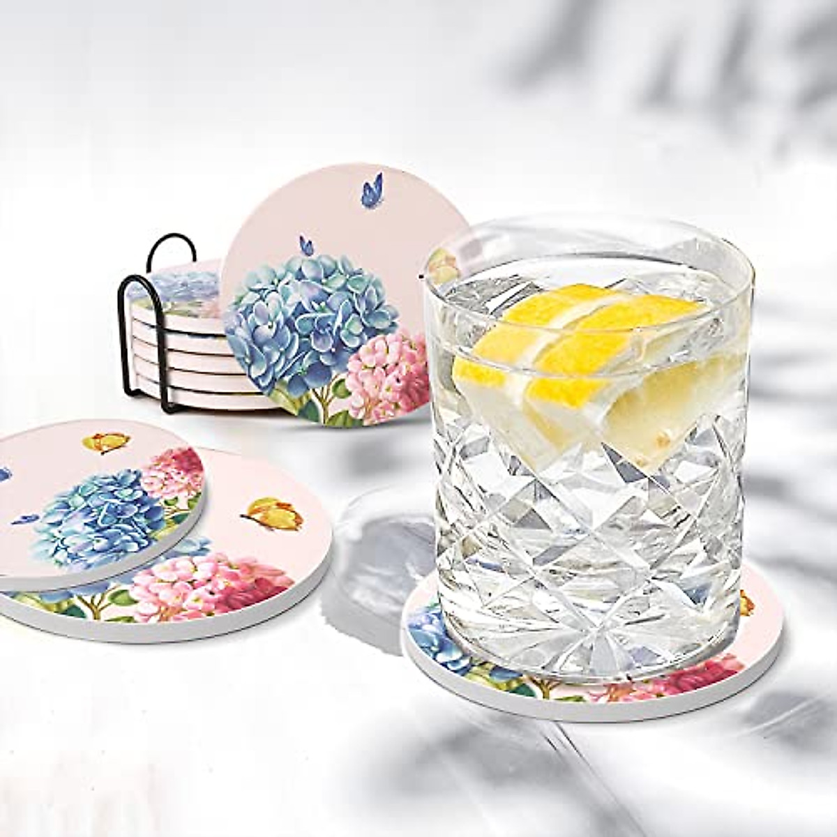 Newsparkle Hydrangeas Coasters,Flower Coasters,Floral Coasters Absorbent, Set of 6 Ceramic Cock Coasters,4 Inch