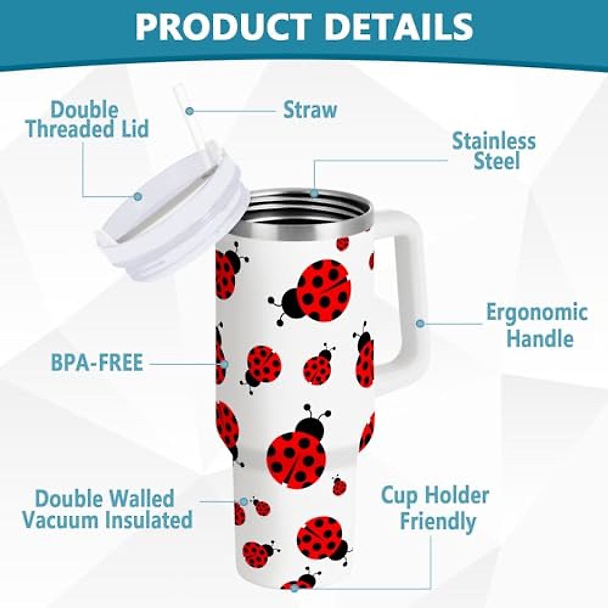 ARGTILDN 40 oz Tumbler Cute Red Ladybugs Insulated Travel Mug with Handle and Straw Lid Stainless Steel Vacuum Coffee Cup Tea Beverage Container Water Bottles for Car Sports office