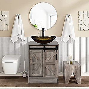 Puluomis Bathroom Vanity, 24 inch Barn Door Modern Wood Fixture Stand Bathroom Cabinet Vanity with Bathroom Gold Glass Vessel Sink Top