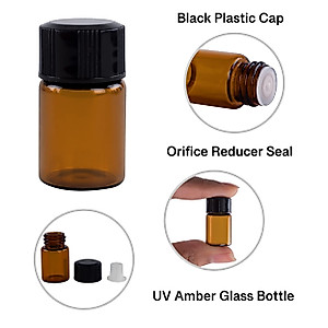 2ml Mini Amber Glass Bottles with Orifice Reducer and Cap for Essential Oils, Chemistry Lab Chemicals, Colognes & Perfumes (12 Pack)
