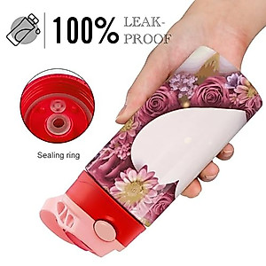 Stainless Steel Water Bottles Card Heart Shape Flowers Travel Water Cups with Handle And Silicone Straw Drinking Cup with Leak Proof Lid Thermo Travel Mug for Women Men