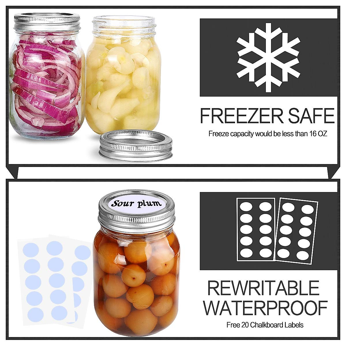 KAMOTA Mason Jars 16 OZ With Regular Lids and Bands, Ideal for Meal Prep, Jam, Honey, Wedding Favors, Shower Favors, Baby Foods, DIY Spice Jars, 12 PACK, 20 Whiteboard Labels Included