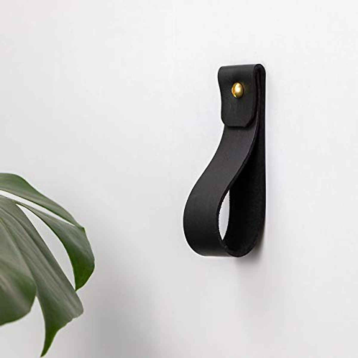 KEYAIIRA - Medium Black Leather Wall Hook, wall hanging strap towel hook for wall leather loop strap for scarf storage boat paddle holder minimal towel bar rack storage