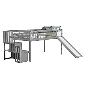 BOVZA Twin Size Low Loft Bed with Stairs and Slide, Wood Bedframe with Safety Guardrails for Kids Boys Girls, Gray