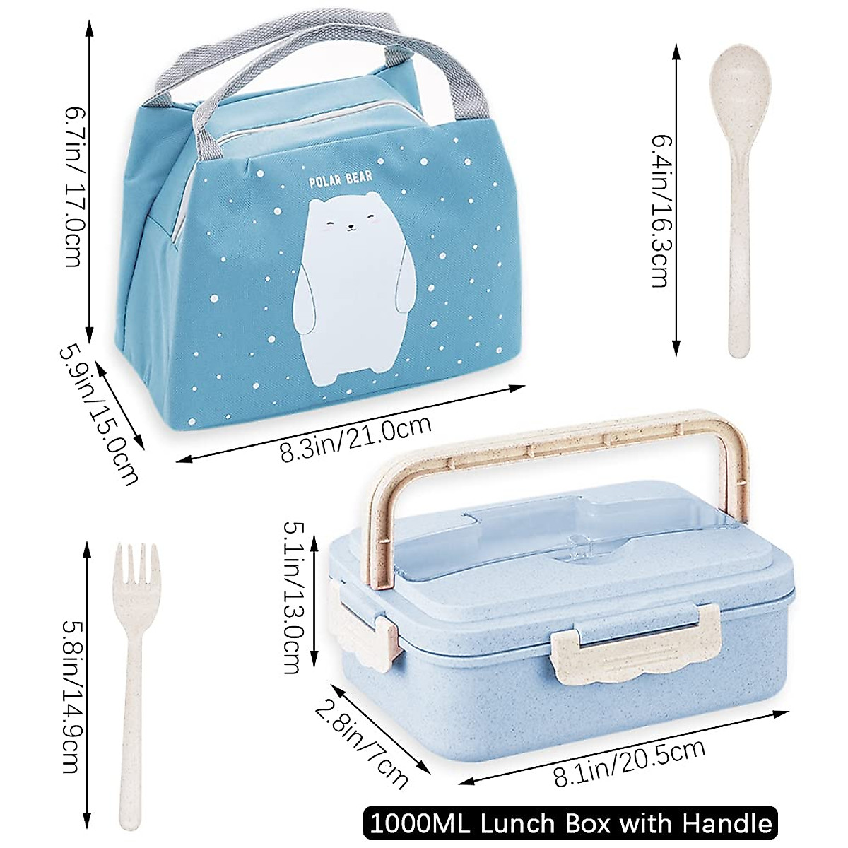 SITAKE Reusable Lunch Box, 33.8 oz Large Capacity Bento Box, Portable Salad Bowl With Utensils, Lunch Bag, Microwave Leakproof Lunch Containers for Adults (Blue)