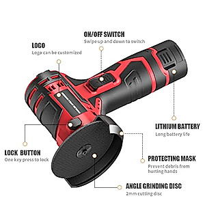 Boyuan Cordless Angle Grinder, Mini Brushless Metal Cutter 12000 RPM, with 2.0Ah Lithium-Ion Battery & Fast Charger, 2 Grinding Wheels, 1 Cutting Wheel, for Grind,Cut,2pcs Battery