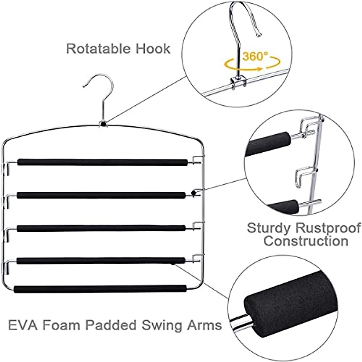 Homa Jia Pants Hangers Space Saver 3 Pack and 4 Heavy Duty Clips, Space Saving Multi Bar Metal Pant Hangers, Stable with Non-Slip Padding, Perfect for Hang Jeans Trousers Ties Scarf Belt Etc