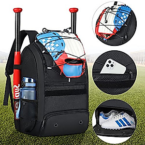 Baseball Bag Baseball Backpack with Shoe Compartment Lightweight Softball Bat Bag with Fence Hook Softball Backpacks for Girls Boys and Adult, T-Ball & Softball Equipment & Gear,Batting Glove, Helmet