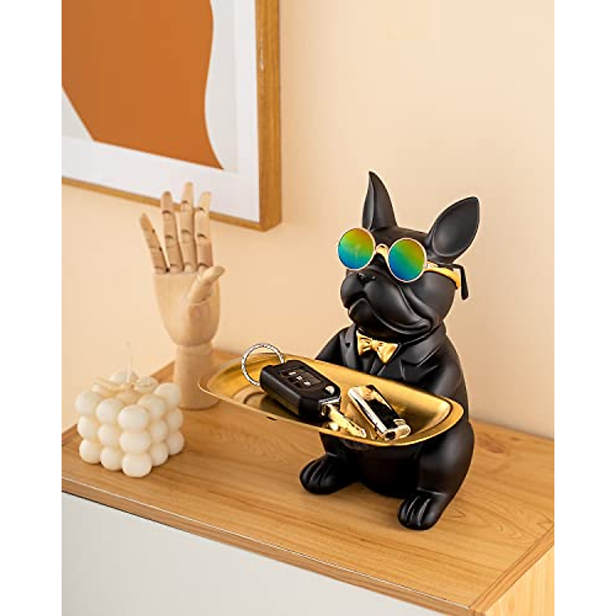 Bwytbwy French Bulldog Statue,Resin Bulldog Key Tray for Entryway Decor, Key Holder Organizer for Entryway Table, French Bulldog Gifts Black