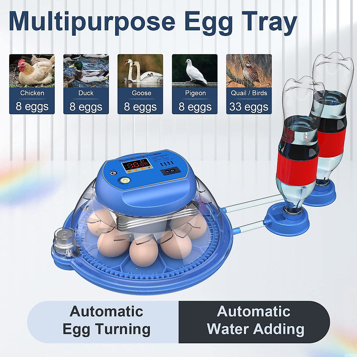 8-33 Eggs Incubator for Hatching Eggs, Double Egg Chicken Duck Goose Pigeon Quail Trays with Automatic Egg Turning and Water Adding, Egg Candler, Farm Poultry