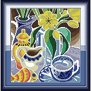 14 CT Cross Stitch Kits for Beginners Flowers Vase Printed Stamped Cross-Stitch Supplies Needlework Printed Embroidery Kits DIY Kits Needlepoint Starter Kits 29×31cm