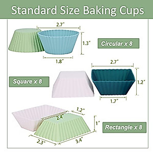 SAWNZC Silicone Cupcake Liners, 24pack Reusable Baking Cups, 3 Shapes Muffin Liners Pastry Cake Molds, Multicolor Bento Lunch Box Dividers