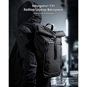 tomtoc Roll Top Laptop Backpack, Lightweight, Water-Resistant Commute Expandable Casual Daypack for 13-16 inch MacBook, Rucksack for Work College Trip, Large Capacity Adjustable 17-23L, Black