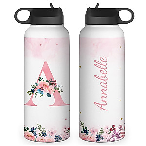 wowcugi Personalized Water Bottle Initial Letter Monogram Sport Stainless Steel Insulated Sports Bottles Custom Birthday Christmas Back To School Customized Gifts For Women Girls Kids Teen Tween