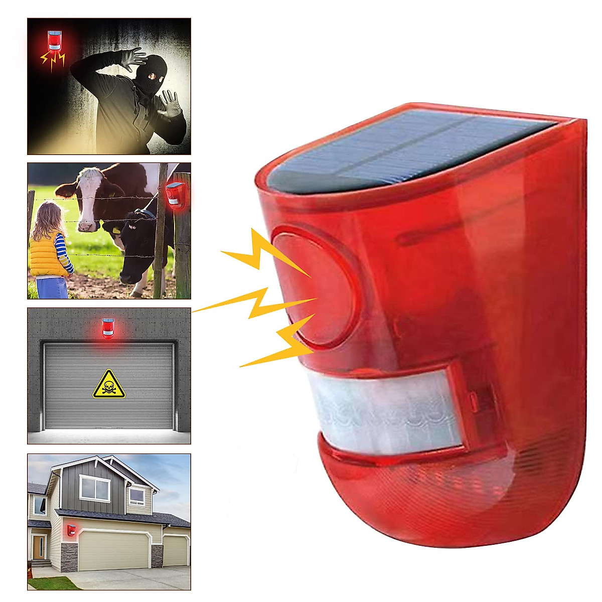 PAKSIHUSG Solar Sound & Light Motion Sensor Alarm , 6 LED Strobe Alarm Siren Outdoor Home Security System, 129dB Loud Siren for Home Villa Farm Hacienda Apartment Outdoor Yard Garden