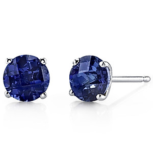 Peora Solid 14K White Gold Created Blue Sapphire Stud Earrings for Women, Classic Solitaire Round Shape, 6mm, 2.25 Carats total, Friction Back, Blue Earrings, September Birthstone Gift