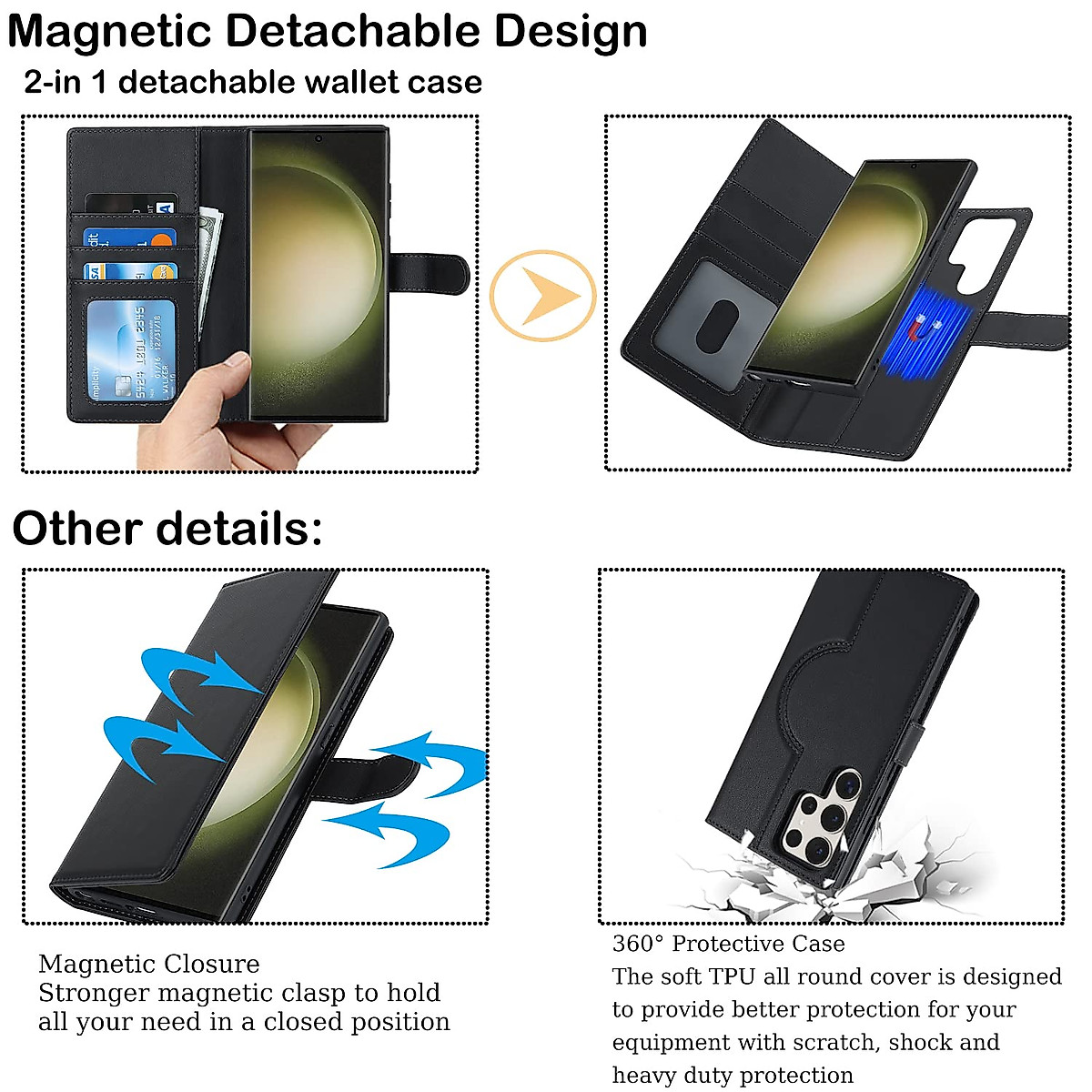 Ｈａｖａｙａ for Samsung Galaxy S23 Ultra Case Wallet magsafe Compatible Galaxy S23 Ultra Wallet case with Card Holder Detachable Magnetic flip Leather Cover for Men and Women-Black