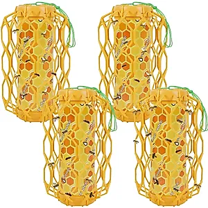Sancodee 4 Pcs Wasp Trap Outdoor Hanging, Insect Catcher for Wasps and Carpenter Bees, Bee Killer Sticky Bug Boards Yellow Jacket Trap with Bait Reservoir, Non-Toxic Reusable Wasp Hornet Trap (Orange)