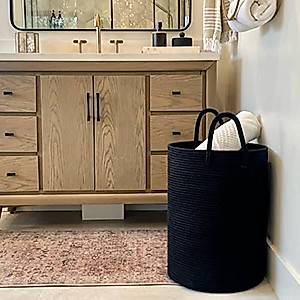 Goodpick Black Woven Rope Laundry Basket, Tall Modern Laundry Hamper for Clothes, Blankets, Toys, Towels, Pillows, Laundry Bin for Living Room, Bedroom, Entryway, 15 x 20 inches, 58L