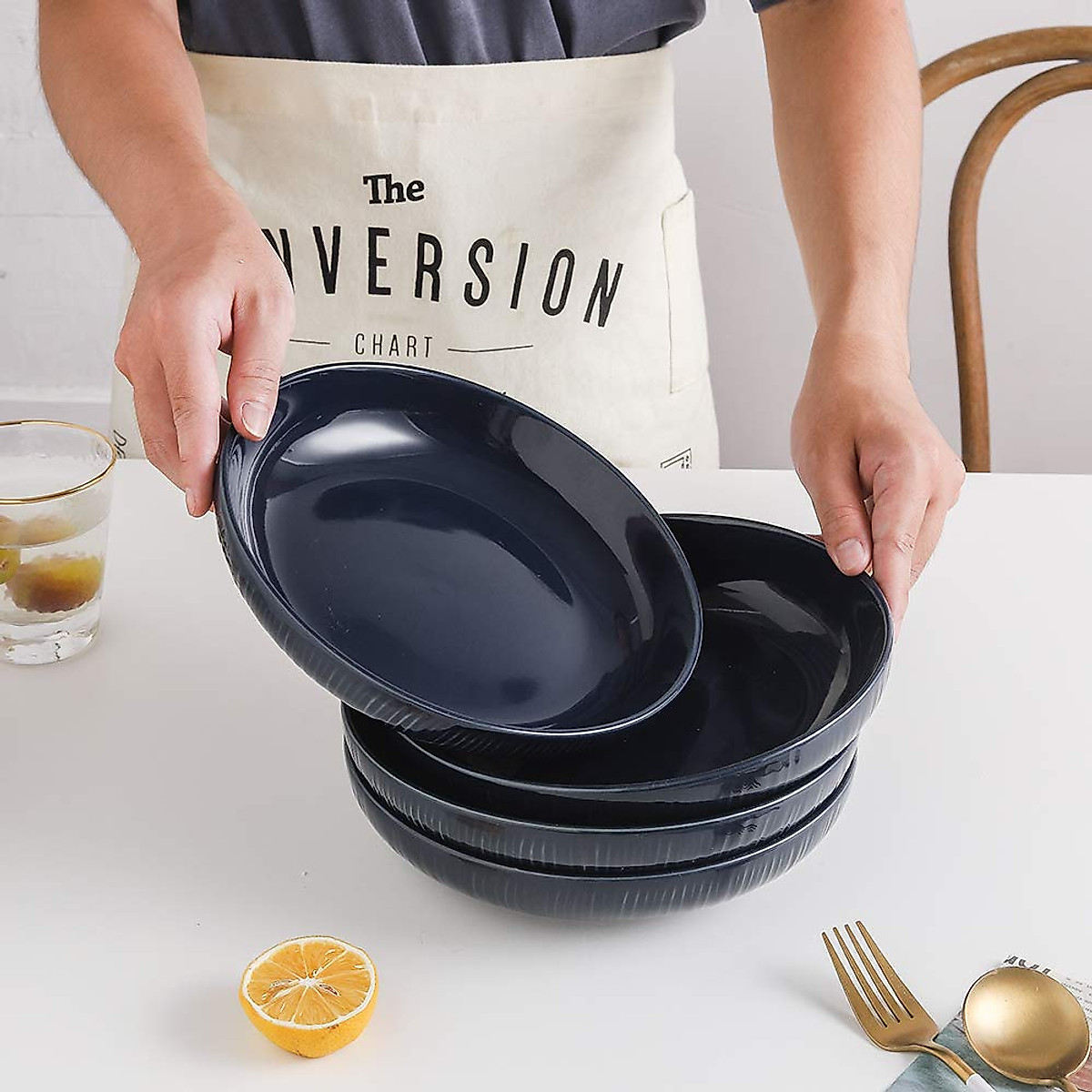 KOOV Ceramic Pasta Bowls Set of 4, 30 OZ Large Salad Bowls Set, Large Bowl For Eating, Pasta Plates, Ceramic Bowls Irregular Striped Series (Aegean)