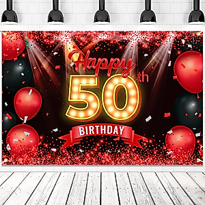 Happy 50th Birthday Banner Backdrop Red and Black 50 Years Old Background Bday Decorations for Women Men Photography Party Supplies Glitter