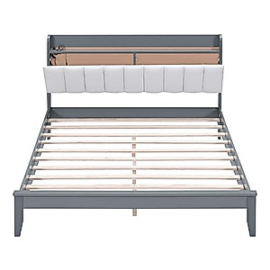 Merax Queen Size Upholstered Platform Bed with USB Charging Station and Storage Upholstered Headboard, LED Bed Frame, No Box Spring Needed, Gray