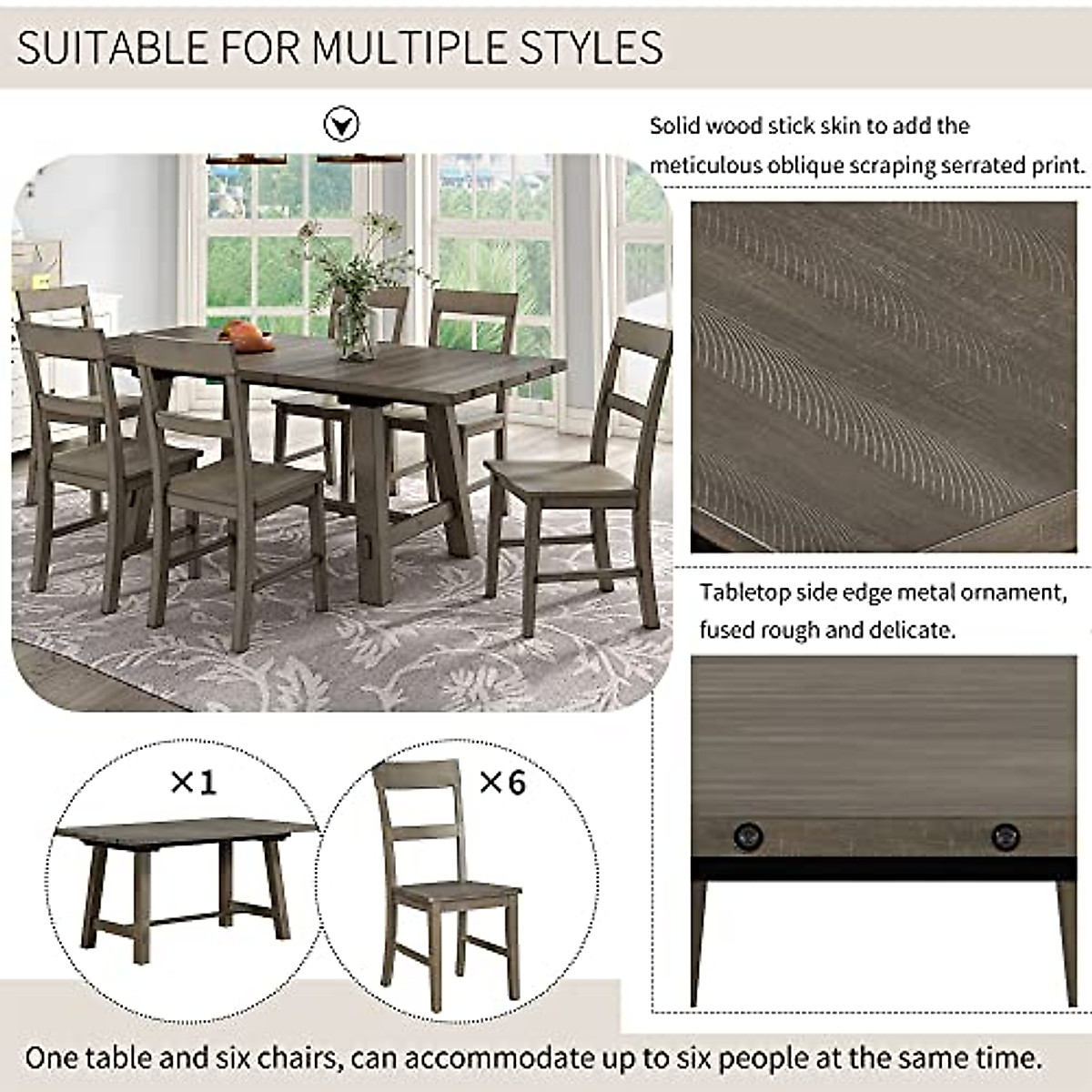Merax 7-Piece Retro Industrial Style Extendable Dining Table Set with 18” Leaf and Six Wooden Chairs, Gray+Brown
