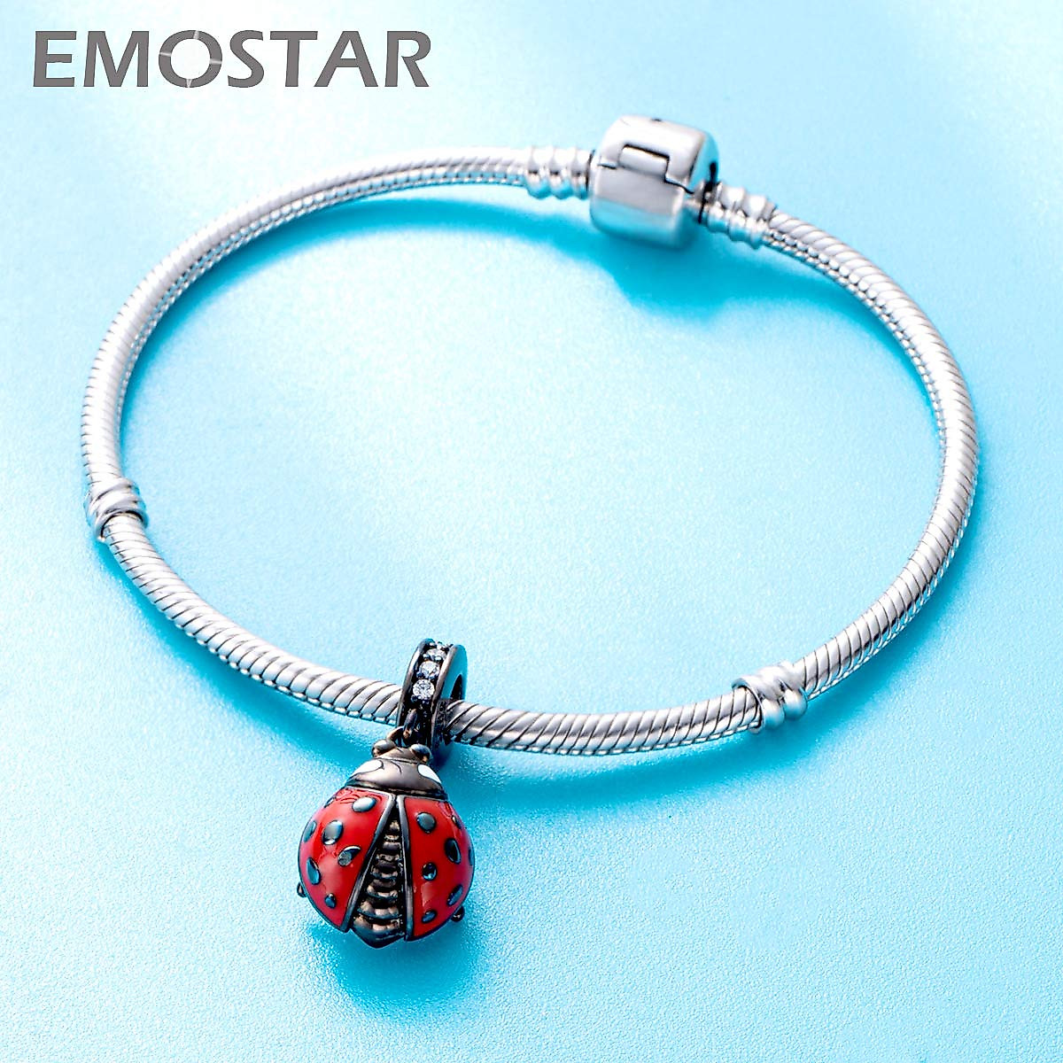 EMOSTAR Dangle Gun Black Ladybug Charms fits Pandora Christmas Bracelet, 925 Sterling Silver Ladybird Beetle Beads Lady Bug Pendant with Red Wings Enamel, Gift for Insect Lover/Women