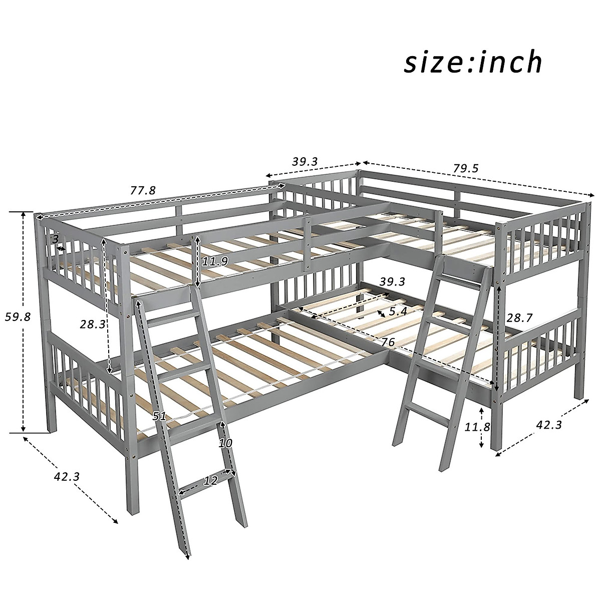 P PURLOVE Twin Over Twin Bunk Bed, L-Shaped Twin Size Bunk Bed Frame Wood Slat Support No Box Spring Needed (Gray)