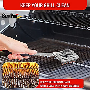 SearPro 4-in1 Grill Brush BBQ Cleaner Scraper Barbecue Tool Accessories Kit Heat Resistant Nylon Bristle Spatula Outdoor Smoker Black Stone Grate Cast Iron Spatula Non-Wire Brush Combo