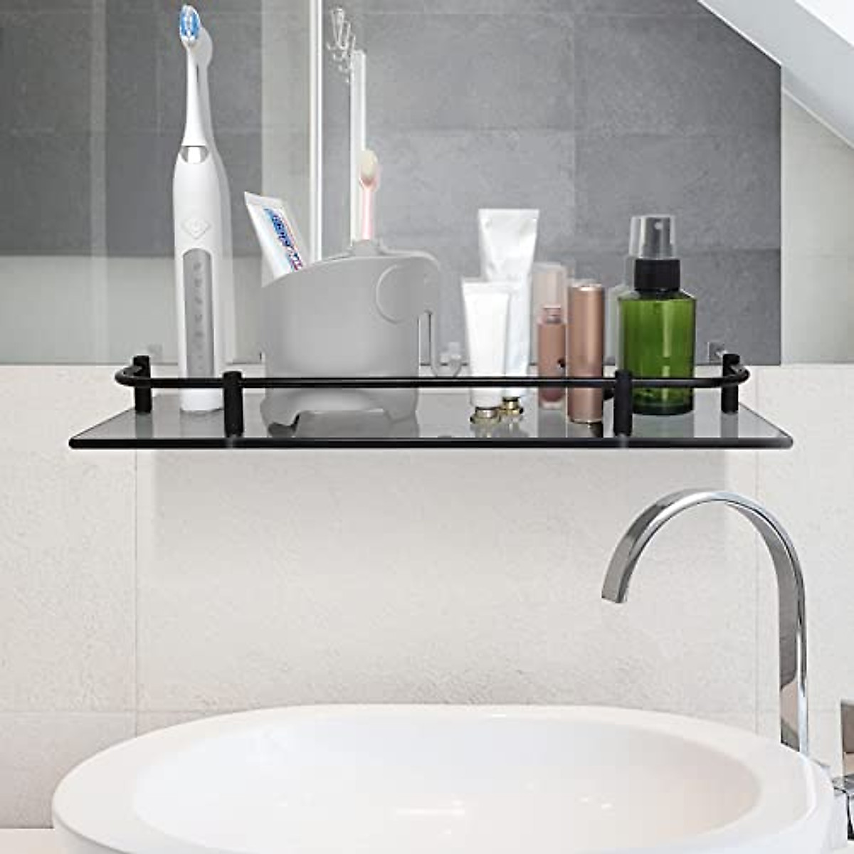VASUHOME 2 Tier Bathroom Glass Shelves, Tempered Glass Bathroom Wall Organizer with Black Guardrail, and 2 Metal Hooks - Wall Mounted Rectangular Shelves for Storage and Display