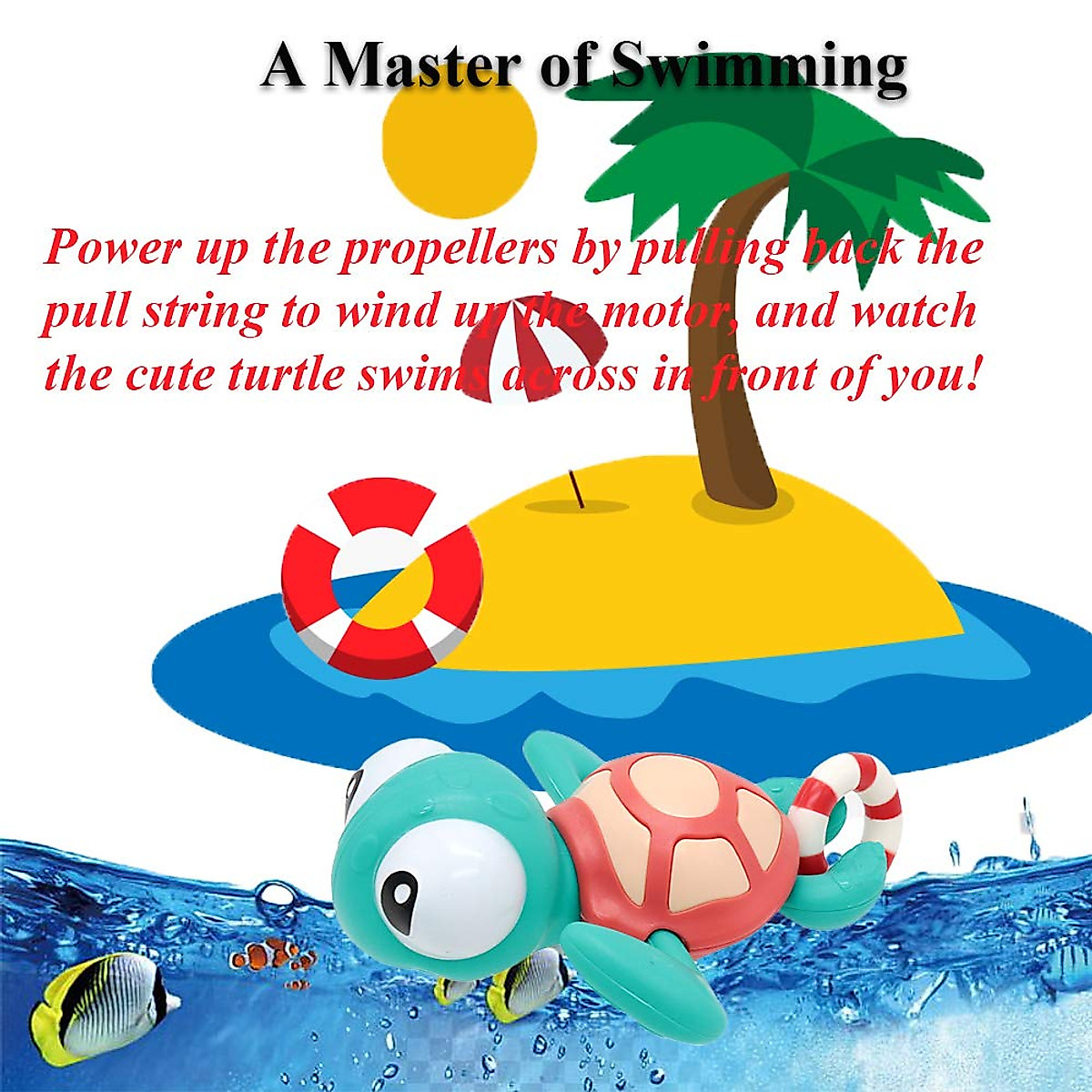 NEXTAKE Pull String Baby Bath Toy Pull & Go Turtle Cute Swimming Turtle Windup Clockwork Bathtub Toy for Toddlers