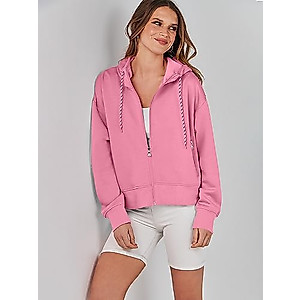 Caracilia Women's Full Zip Up Hoodies Cropped Drawstring Sweatshirts Teen Girl Cute Y2K Lightweight Preppy Pink Hooded Casual Preppy Jackets 2023 Fall Winter Fashion Clothes C114A8-yanfen-XL