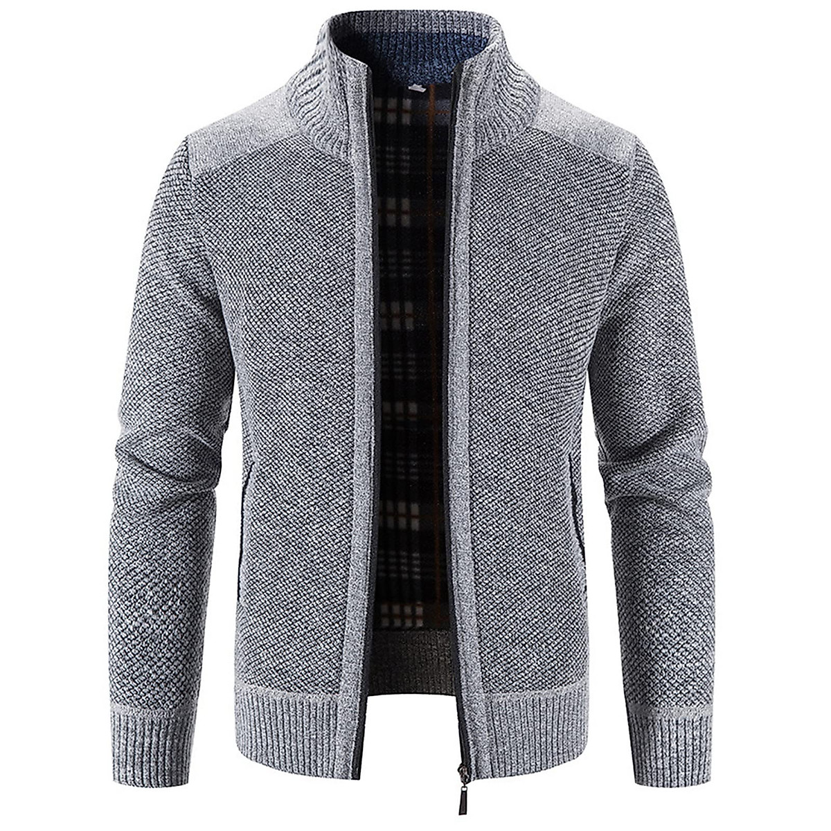 Men's Full Zip Up Cardigan Sweaters Regular Fit Flannel Lining Knitted Cardigans Zipper Thick Knit Sweater Coat (Light Grey,X-Large)