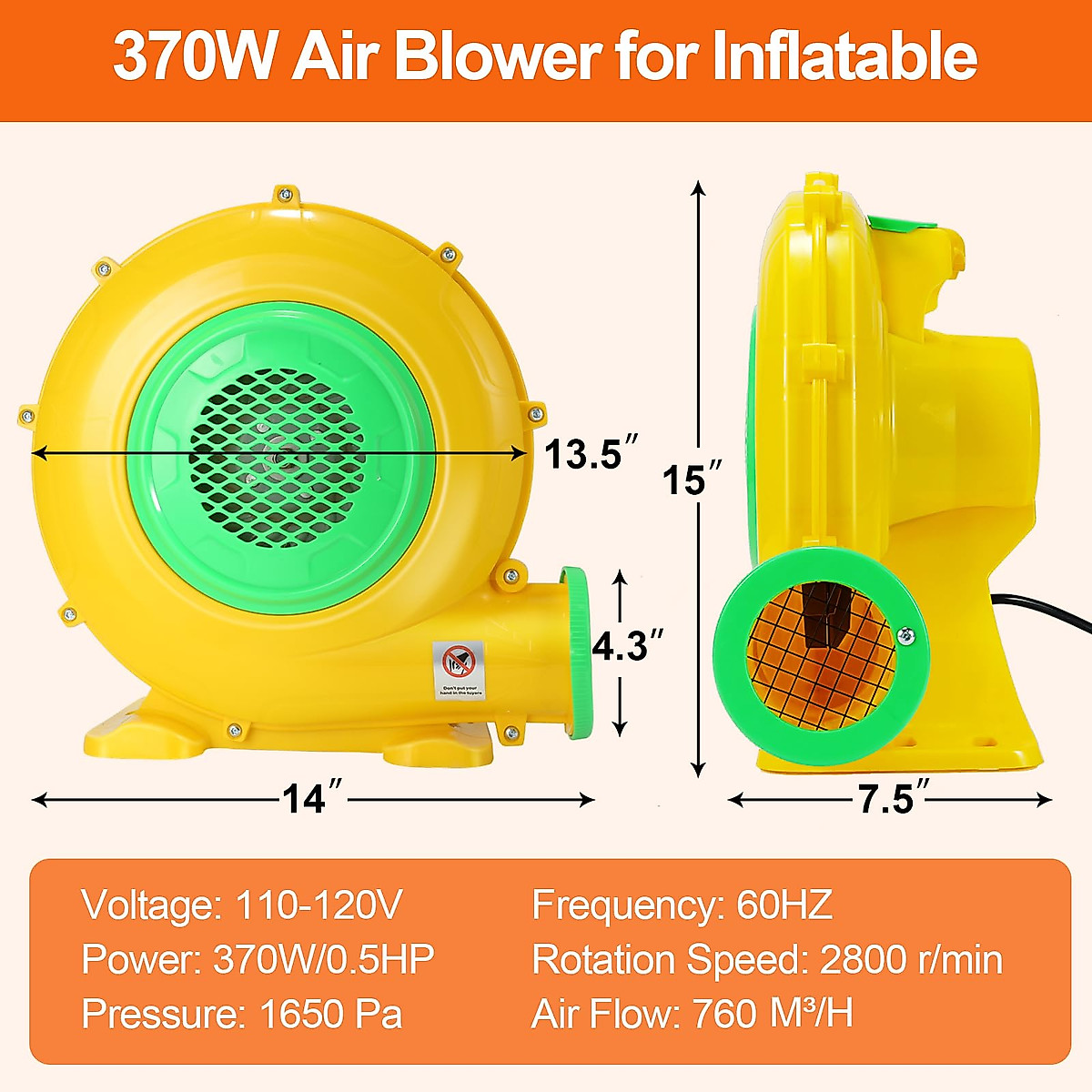 Bounce House Blower, 370W/0.5HP Commercial Air Blower with Double-Sided Fan Blade Design, Strong Wind and Great Heat Dissipation Properties for Bouncy Castle, Jump Slides, Arch, Inflatables