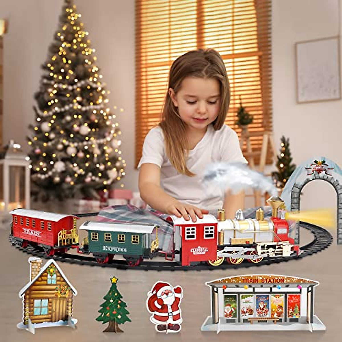 deAO Train Set for Christmas Tree,Classical Christmas Train Sets with Headlight, Smoke, Realistic Sounds, 3 Car Carriage and 11 Feet Track – Great Accessory for Kids and Christmas Decoration