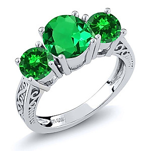 Gem Stone King 925 Sterling Silver Green Simulated Emerald 3-Stone Ring For Women (2.90 Cttw, Available 5,6,7,8,9) (Size 5)