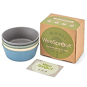 WeeSprout Bamboo Kids Bowls, Set of Four 10 oz Kid-Sized Bamboo Bowls, Dishwasher Safe Kid Bowls (Blue, Green, Gray, & Beige)