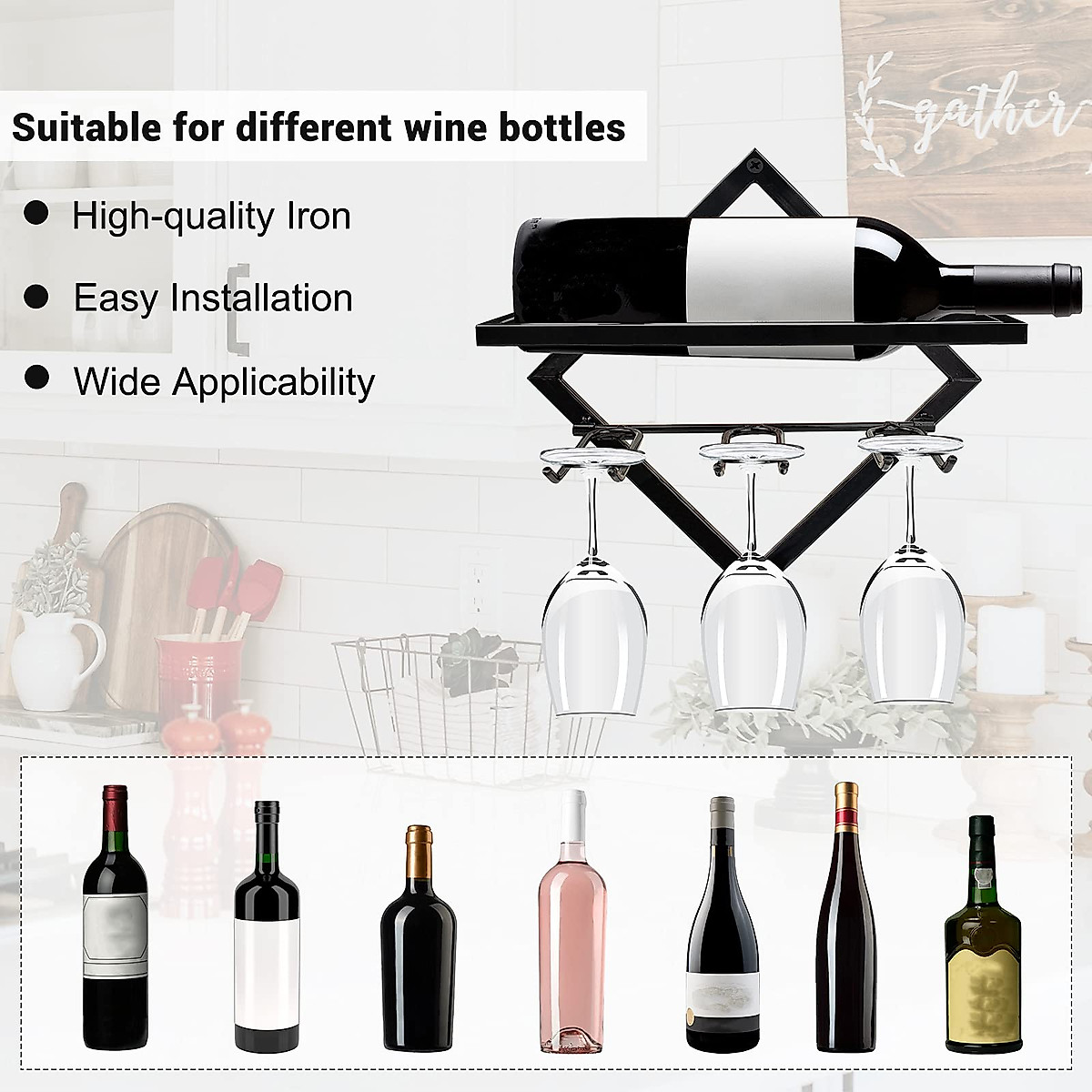 AUHOKY Metal Wall Mounted Wine Holder Stemware Glass Rack, Collapsible Hanging Red Wine Racks Organizer with 3 Stem Glass Holders, Wine Bottle Display Hanger for Home Kitchen Bar Decor