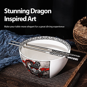 Hagary Dragon Ramen Bowl with Chopsticks Ceramic Bowl Stainless Steel Chopsticks Japanese Style Udon Miso Noodle Soup Bowls Housewarming Wedding Gifts Designed in Korea (Black, 20oz)