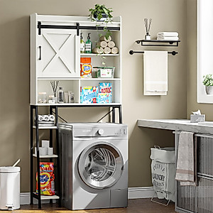 Over The Toilet Storage Cabinet, Farmhouse Storage Cabinet Over Toilet with Sliding Door & Toilet Paper Holder Stand，Home Space-Saving Toilet Rack, for Bathroom, Restroom, Laundry