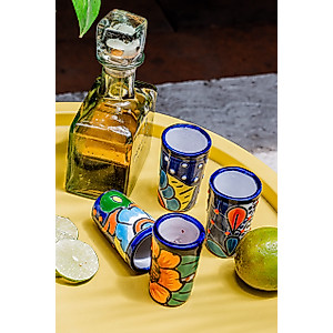 MEXTEQUIL - Talavera Shot Glasses Set of 4 Authentic Mexican Tequila Shot Glasses - Hand-painted - 2 Oz (Flowers)