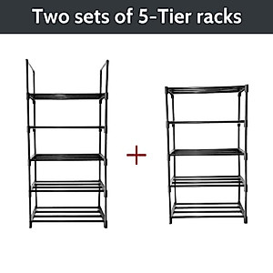 FIDUCIAL HOME: Simple Shoe Rack Organizer, 8-Tiers Stackable with side Hooks for Entryway, 16-20 Pairs Metal Shoe Shelve, Black