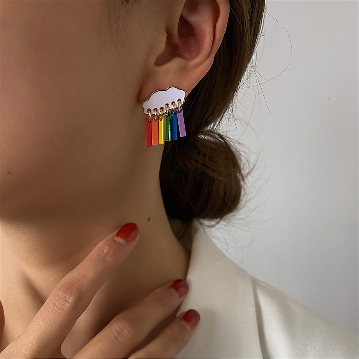 ANDPAI 14k Gold Colorful Enamel Rainbow White Clouds Dangle Drop Stud Earrings with Silicone Coated Push Backs for Women (Color)