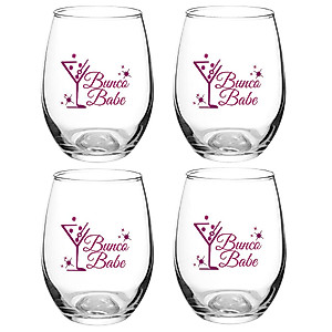 Bunco Babe Plastic Wine Glasses - Set of 4 Pieces of Average Quality Plastic. Very Affordabe Bunco Gifts. Fill with Wine or Candy. Wine Glasses hold 12oz and measure "3.75 x 2.75". Perfect Bunco Party