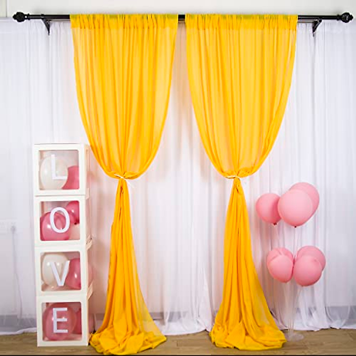Chiffon Backdrop Curtain 5FTx7FT Gold Semi-Sheer Curtains 2 Panels Gold Chiffon Drapes for Backdrop Wedding Ceremony Decorations (Gold, 5FTx7FTx2PCS)