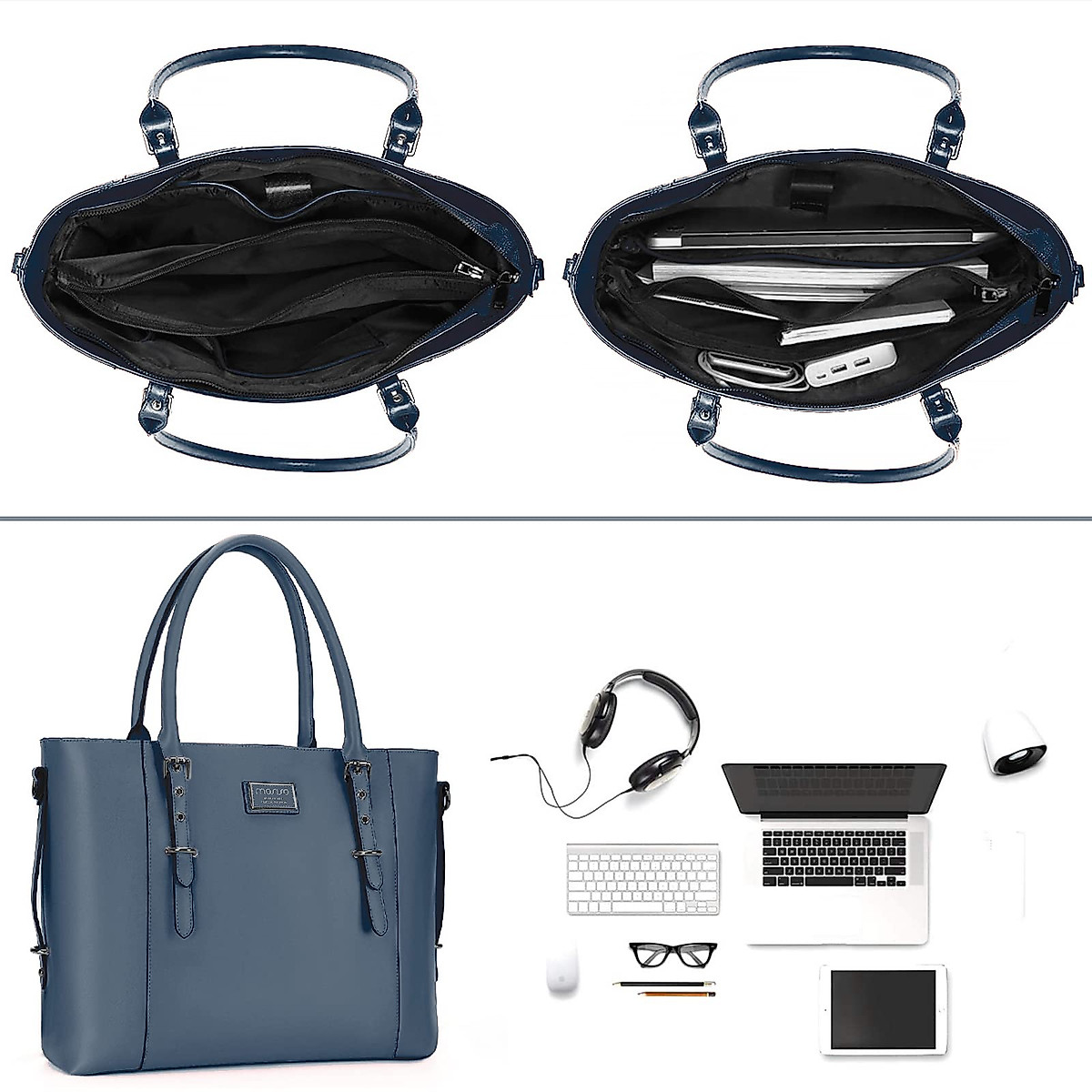 MOSISO PU Leather Laptop Tote Bag for Women (15-16 inch), Waterproof Large Capacity Business Work Briefcase Shoulder Laptop Bag, Peacock Blue