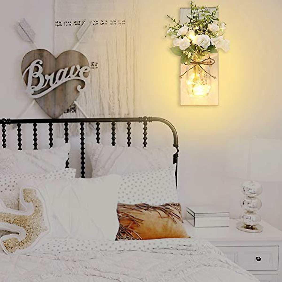 Rustic Wall Sconces Mason Jar Lights Handmade Wall Art Hanging Design with Remote Timer LED Fairy Lights and White Rose, Farmhouse Kitchen Decorations Wall Decor Living Room Sconces (Set of Two)