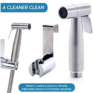 Bidet - Stainless Steel - Hand-Held Sprayer Attaches to Toilet - 59-Inch Hose Convenient for Additional Cleaning Activities - Three Pressure Levels - Toilet Hook Holder - Brushed Finish